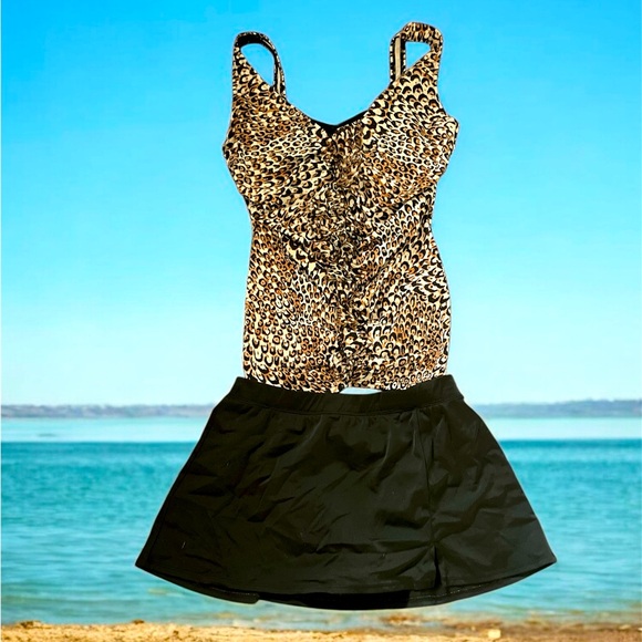 Swim | Leopard Print Tankini Swimsuit With Black Skirt Bottom Size 12 ...